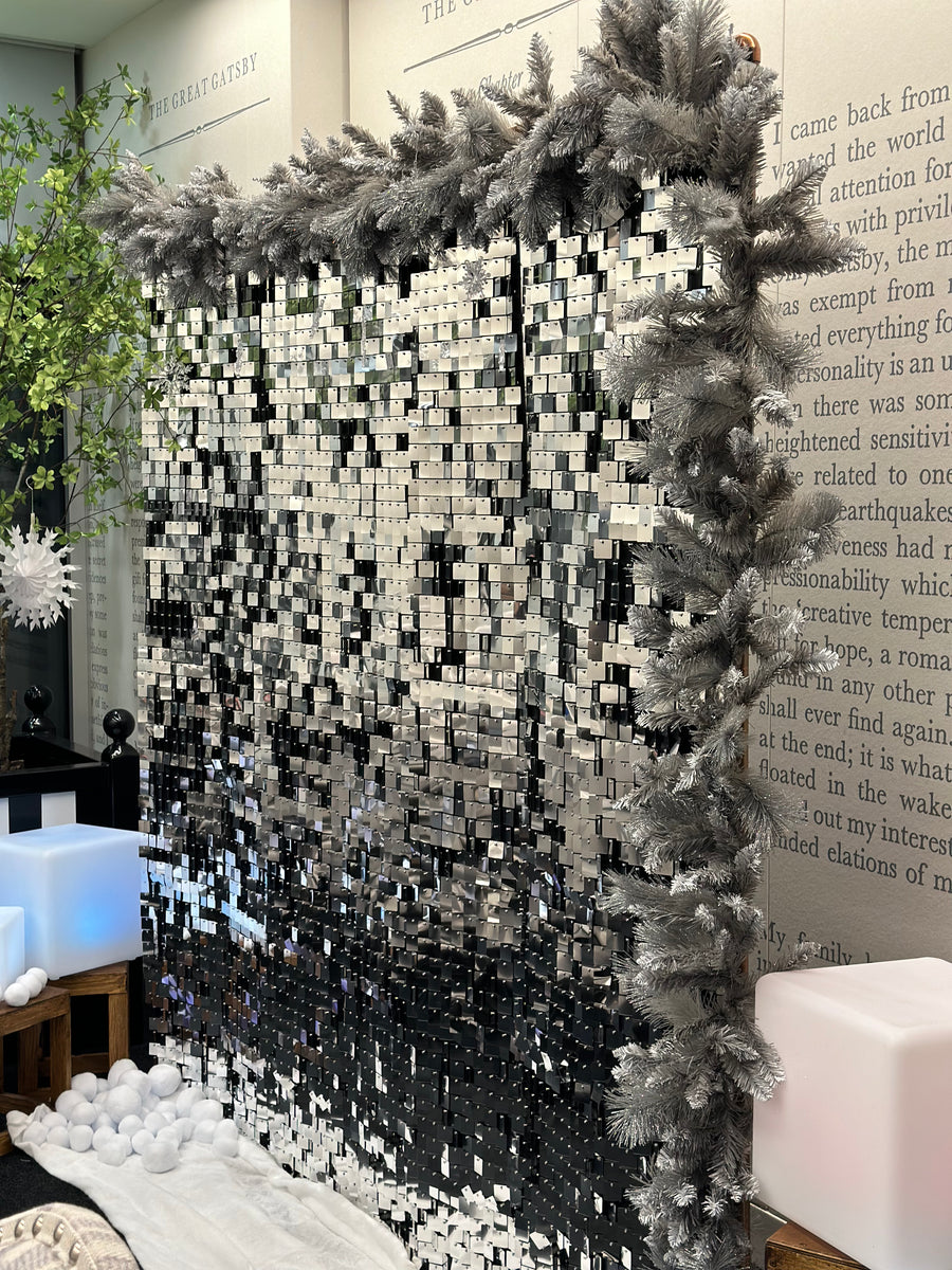Silver shimmer backdrop hire| wedding and event prop hire – Rock the Day